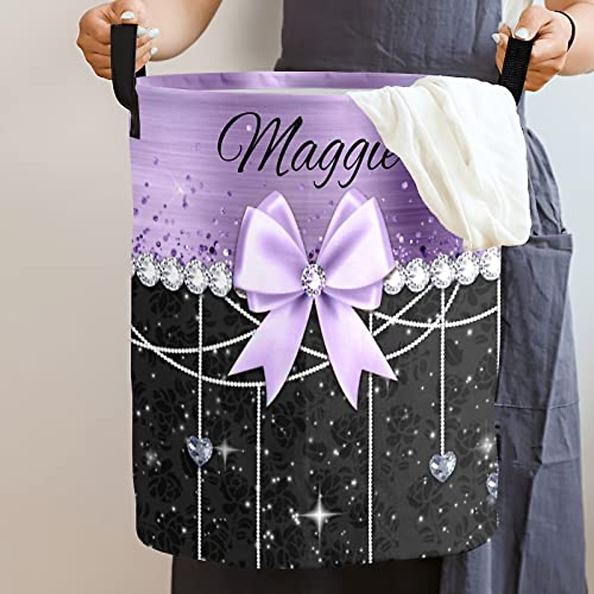 Glitter Print Purple Black Bow Personalized Foldable Freestanding Laundry Basket Clothes Hamper with Handle, Custom Collapsible Storage Bin for Toys Bathroom Laundry