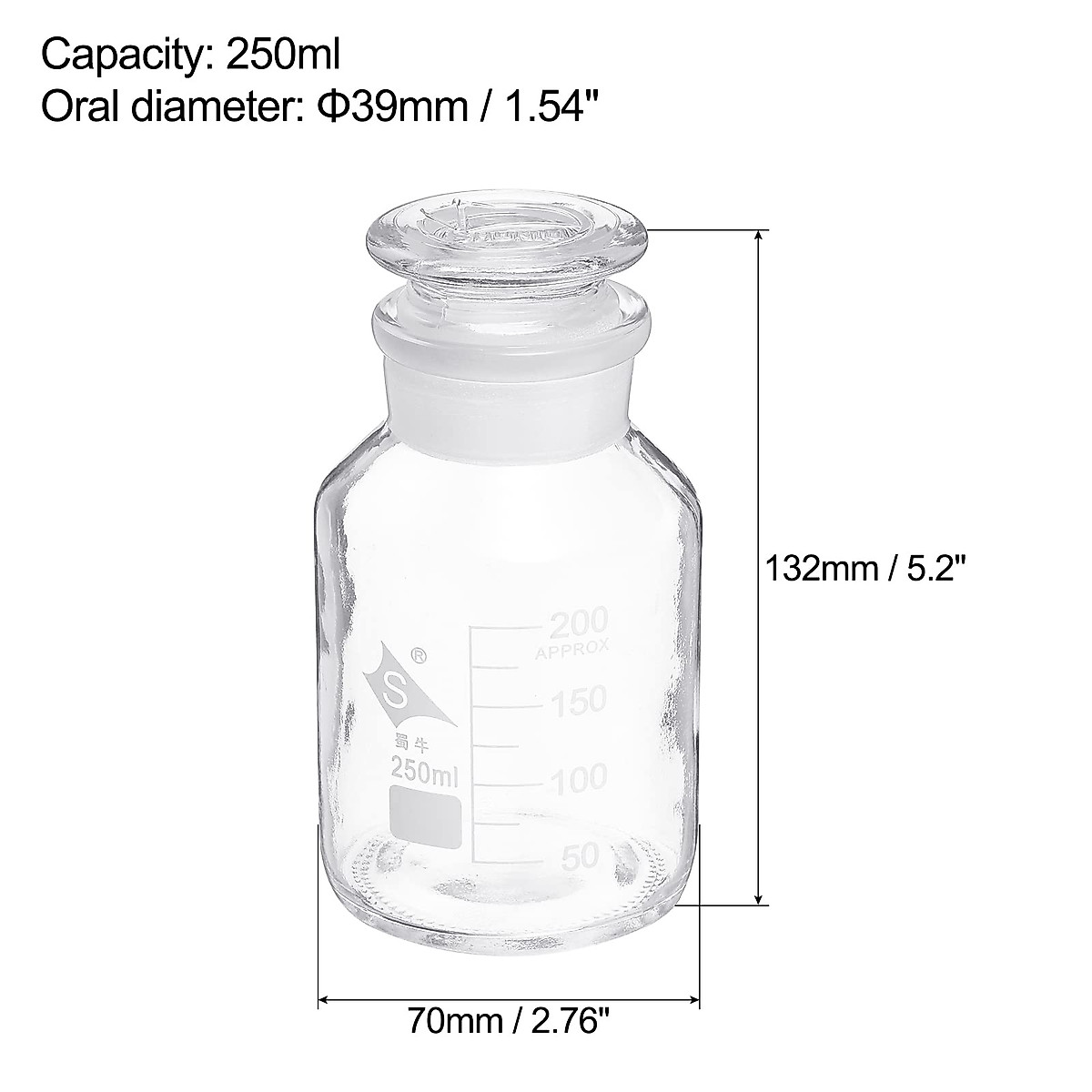 PATIKIL 250mL Reagent Media Bottle, 1Pcs Round Graduated Glass Storage Bottle with Clear Cap for Chemistry Lab Universities Home, Clear