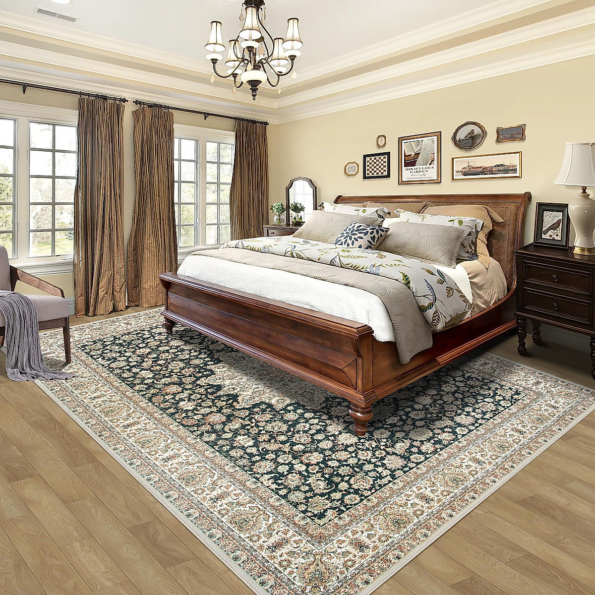 Washable Rug Living Room Rugs: 8x10 Area rugs Large Machine Washable Non Slip Carpet Soft Floral luxury Thin Carpets for Dining Room Farmhouse Bedroom Nursery Home Office Dark Blue Beige