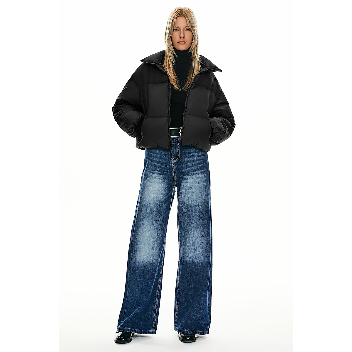 Orolay Women's Winter Oversized Cropped Puffer Jacket Zip Up Short Down Coat Stand Collar Baggy Overcoat Black X-Small