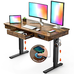 Yoimori Electric Standing Desk with Drawer,48 x 24 Inches Standing Desk Adjustable Height Desk with 12W Wireless Charging,One-Piece Wooden Desktop Sit Stand Up Desk, Memory Home Office Desks