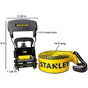 STANLEY S1007 Black/Yellow 1.5" x 16' Ratchet Tie Down Straps - 1,100 lb Safe Working Load / 3,300 lb Break Strength, 2 Pack