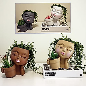 Dolkgy Face Flower Pot Head Planter, Black Woman Unique Planters for Indoor Outdoor Plants, Novelty Plant Pots Lady Vase with Drainage Hole Home Garden Succulents Cactus