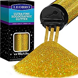 Holographic Ultra Fine Glitter, 180G/6.35OZ Resin Glitter Powder Sequins Flakes, 1/128" Metallic Iridescent Glitter for Resin Tumblers Art Crafts, Hair Face Body Nail Glitter, LEOBRO Gold Glitter