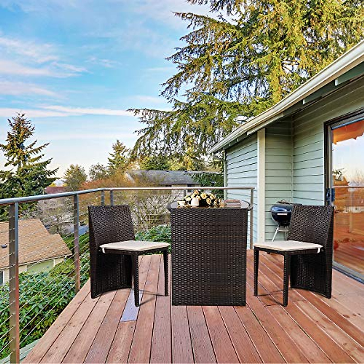 Casart 3 Pieces Wicker Patio Set Outdoor Dining Table W/Glass Top Coffee Table and 2 Wicker Chairs for Lawn, Garden Convention Bistro Set