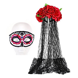 FRCOLOR Day Of The Dead Costumes For Women Day Of The Dead Headpiece Day Of The Dead Mask Black Veil Headband Flower Crown Halloween Costumes For Party Cosplay