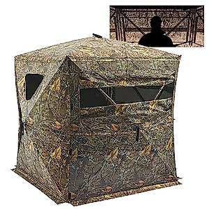 BASSDASH Hunting Blind 270 Degree One-Way See Through 2 Person Portable Pop Up Ground Hunting Tent with Detachable Blackout Wall Curtain, Frame Door, Carrying Backpack for Deer Turkey Hunting