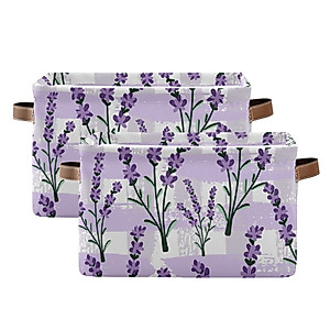 Purple Lavender Stripes Storage Baskets Large Foldable Storage Bin Canvas Toys Box Fabric Decorative Collapsible Organizer Bag with Handles 2 Pcs