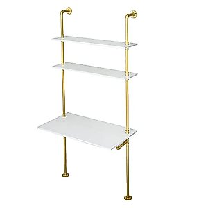 MAIKAILUN White and Gold Desk, 36" Ladder Desk, Wall Mount Computer Writing Table Pipe Shelf Shelving Mini Narrow Industrial Modern for Small Spaces(36x20x81)