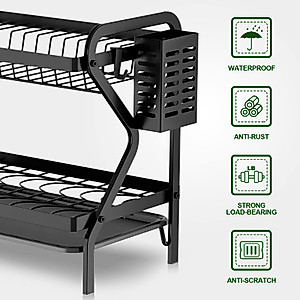 GAOKASE Dish Drying Rack with Drainboard, 2-Tier Black Dish Racks for Kitchen Counter,Dish Drainers with Removable Utensil Holder