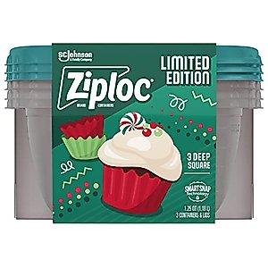 Ziploc Food Storage Meal Prep Containers Reusable for Kitchen Organization, Smart Snap Technology, Dishwasher Safe, Deep Square, 3 Count, Holiday Designs, Packaging May Vary