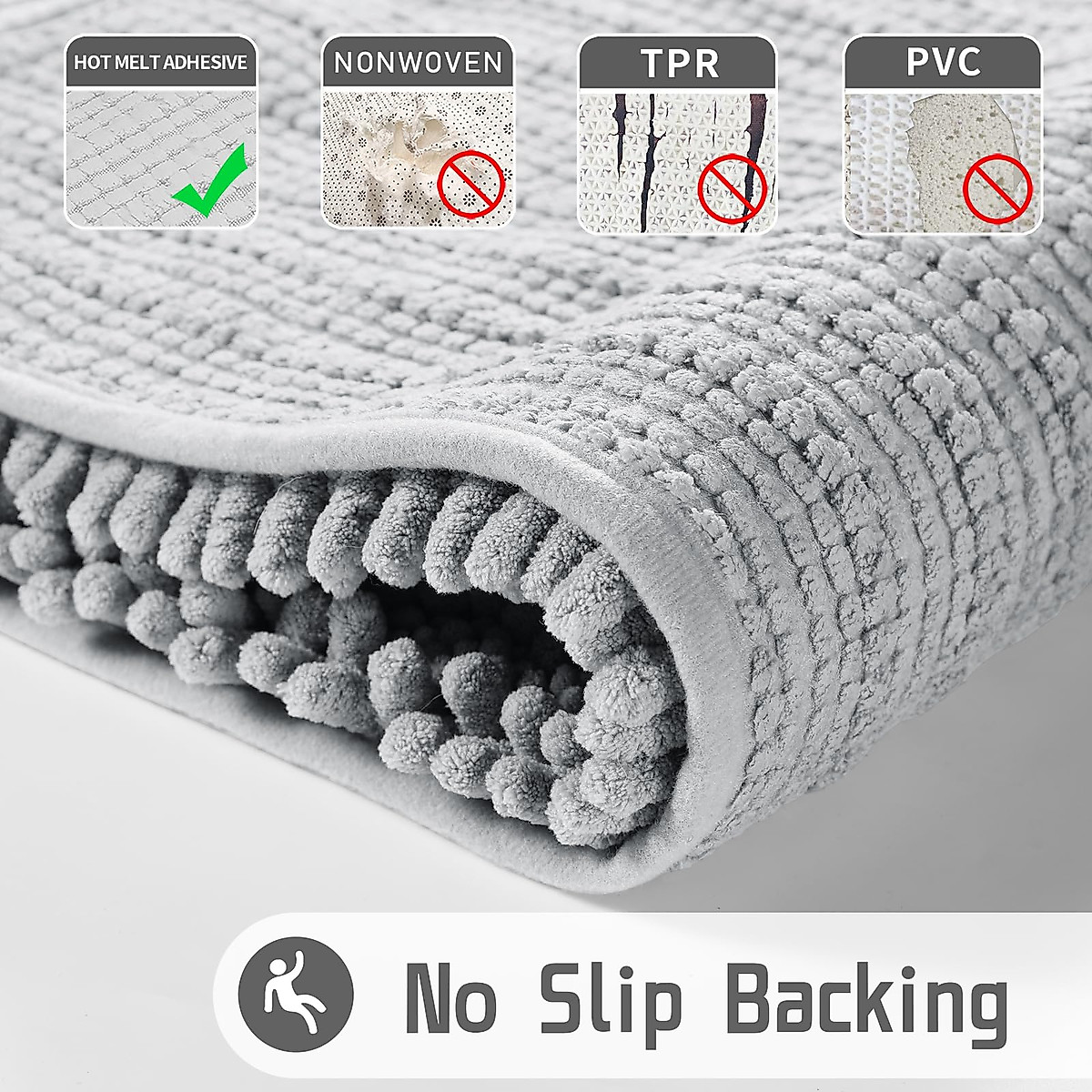 Yimobra Bath Rug Mat, 32 x 20, Soft Shaggy Non-Slip Chenille Bathroom Rugs, Large Size, Super Absorbent and Thick, Machine Washable Bathroom mat, Tub and Shower, Home Decor Accessories, Silver