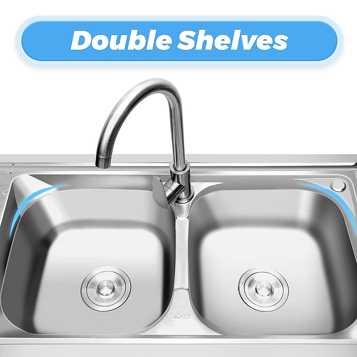 Free Standing Stainless-Steel Double Bowl Commercial Restaurant Kitchen Sink Set w/Faucet & Drainboard, Prep & Utility Washing Hand Basin w/Workbench & Storage Shelves