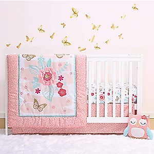 The Peanutshell Aflutter Crib Bedding Set for Baby Girls - 3 Piece Floral Nursery Set - Baby Blanket, Crib Sheet, Crib Skirt