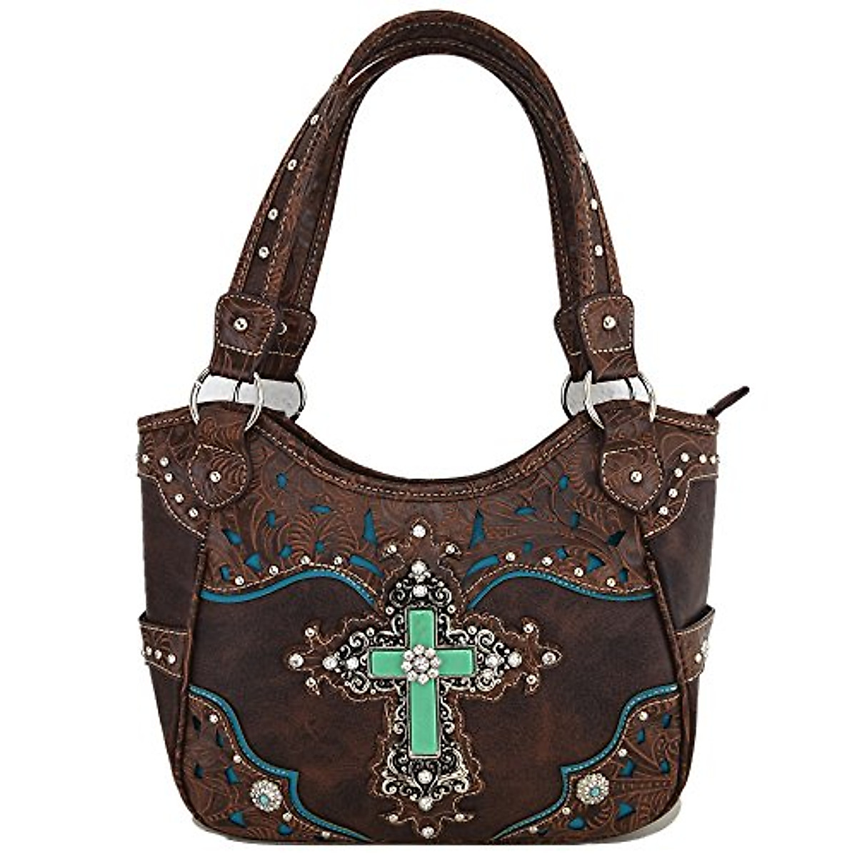 Western Rhinestone Cross Tooled Leather Totes Concealed Carry Purse Handbag Women Shoulder Bag Wallet Set (Coffee Set)