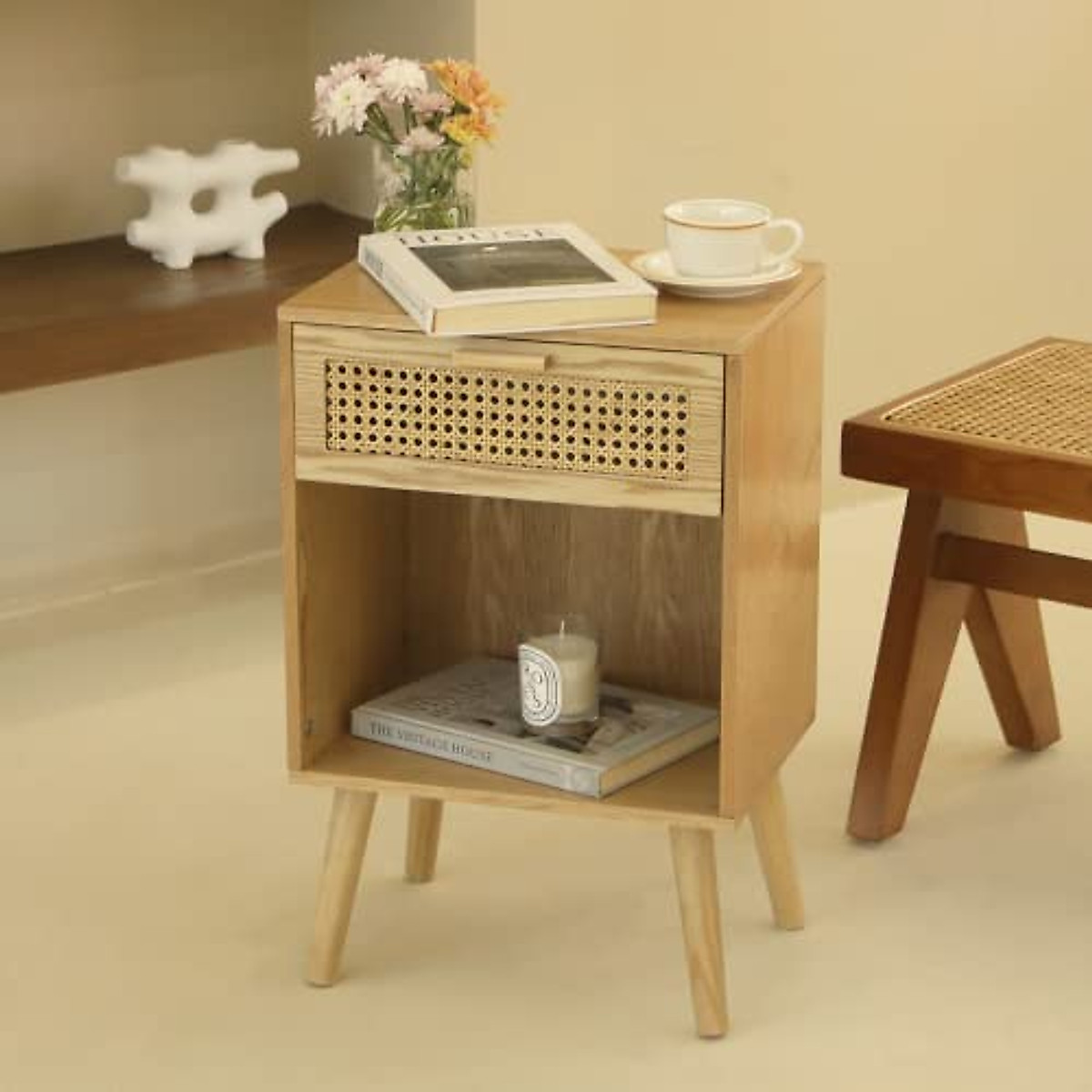 MaxSmeo Rattan Nightstand Small Side Table, End Table Living Room Modern Nightstand, Wood Nightstand with Drawers and Open Shelf (Natural Walnut)