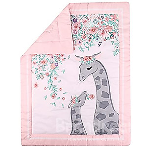 Brandream Nursery Bedding Jungle Animal Crib Bedding Giraffe Family Baby Comforter Set, 6 Piece Farmhouse Floral Girls Boys Cradel Bedding, Grey Pink White