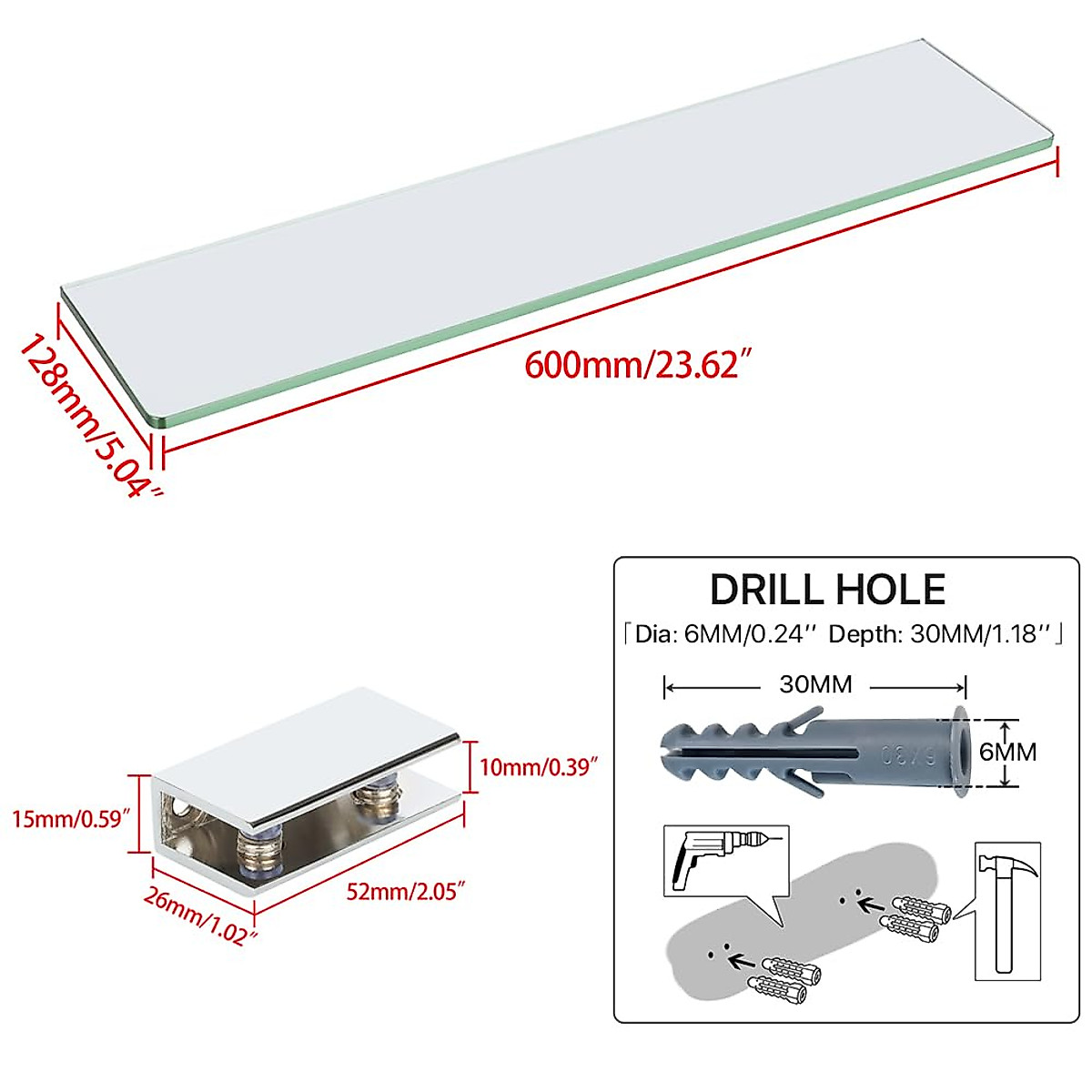 SAYAYO Glass Shelf for Bathroom, 1/3 Inch Thicken Tempered Floating Glass Shelves 24 Inch with Stainless Steel Brackets, 1 Pack, Clear