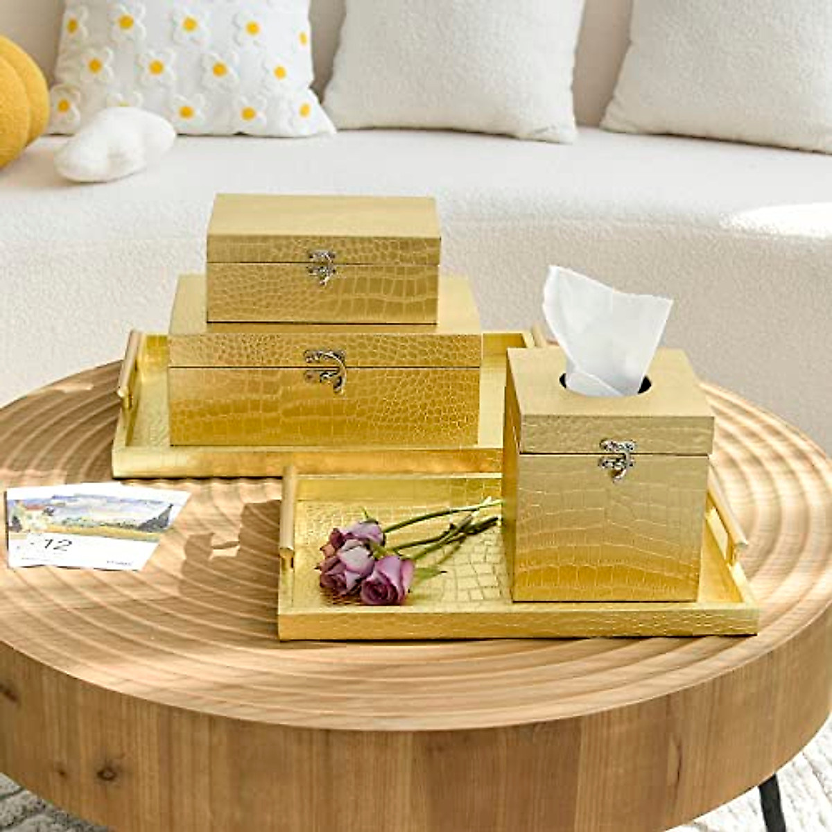 JUMBO HUMBLE Set of 2 Wooden Decorative Nesting Storage Boxes, Gold Crocodile Leather with Clasp for Home Kitchen Living Room, Ideal Gift for Wedding Memories Jewelry Trinket