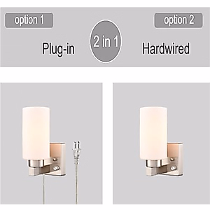 DEYNITE Modern Plug in Wall Sconce with Cord Brushed Nickel Bathroom Vanity Light with Milky White Cylinder Glass Shade Set of 2