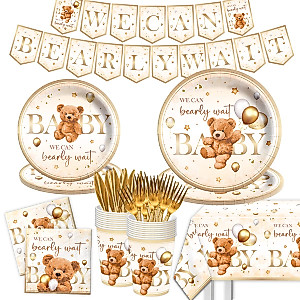 Teddy Bear Baby Shower Decorations for Boy-142Pcs We Can Bearly Wait Tableware,Brown Bear Theme Plates and Napkins Set Serves 20 Guests,Teddy Bear Baby Shower Birthday Party Supplies