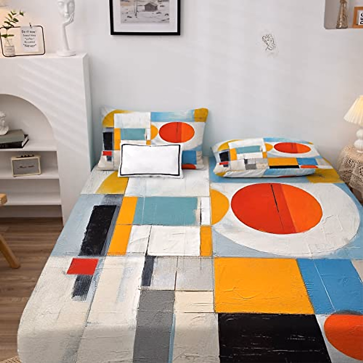 Geometric Sheets Twin Size, Kids Bed Sheets, Patterned Bedding Sheets & Pillowcases 3 Piece Set - Soft Microfiber Deep Pocket Fitted Sheet & Flat Sheet & Pillow Case D3-&-275