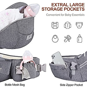 Baby Hip Seat Carrier, Baby Carrier for Newborn to Toddler with Sturdy Strap&Safty Belt, Ergonomic Infant Carrier with Waist Stool for 8-45lb, 0-36 Months, 5 Storage Pockets-Gray