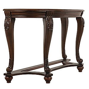 Signature Design by Ashley Norcastle Traditional Half Moon Sofa Table with Beveled Glass Top and Scrollwork Legs, Dark Brown