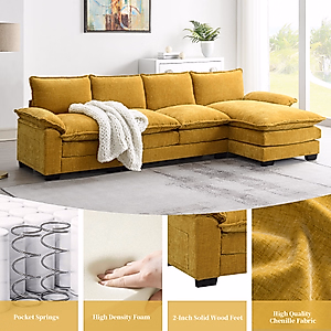 WIIS' IDEA 118"Modern Sectional Sofa Couch,L-shaped Chenille Sofa with Double Seat Cushions,5-seat Upholstered Indoor Furniture,Sleeper Sofa Couch with Chaise Lounge for Living Room,Apartment(Yellow)