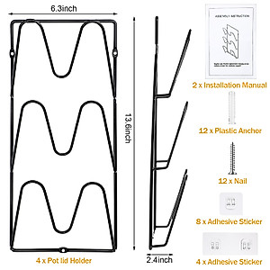 Jinei 6 Pack Pot Lid Organizer Rack 3 Tier Pot Lids Holder No Drilling Adhesive Wall Mounted Lid Rack for Kitchen Cabinet Door Mounted Pot and Pan Covers Holder Rack