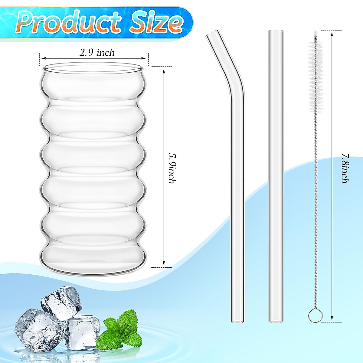 Tessco 4 Pcs Creative Glass Cups Vintage Drinking Glasses Ribbed Glassware Aesthetic Cups Entertainment Dinnerware Glassware with Straws Set for Kitchen Coffee Juice Beverage (Clear,16 oz)