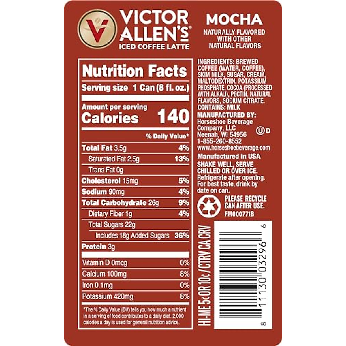 Victor Allen's Coffee Mocha Iced Canned Coffee Latte, 8oz Cans (12 Pack)