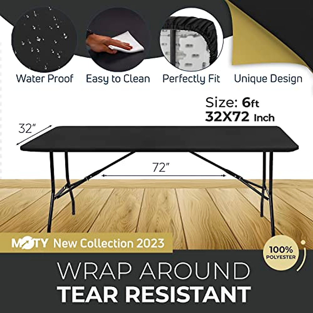 moty Folding Table Cover, Polyester Fitted Waterproof Outdoor Tablecloth Protector with Elastic for Rectangle Picnic Tables, Washable, Wrinkle Resistant, for Patio, Parties, Camping