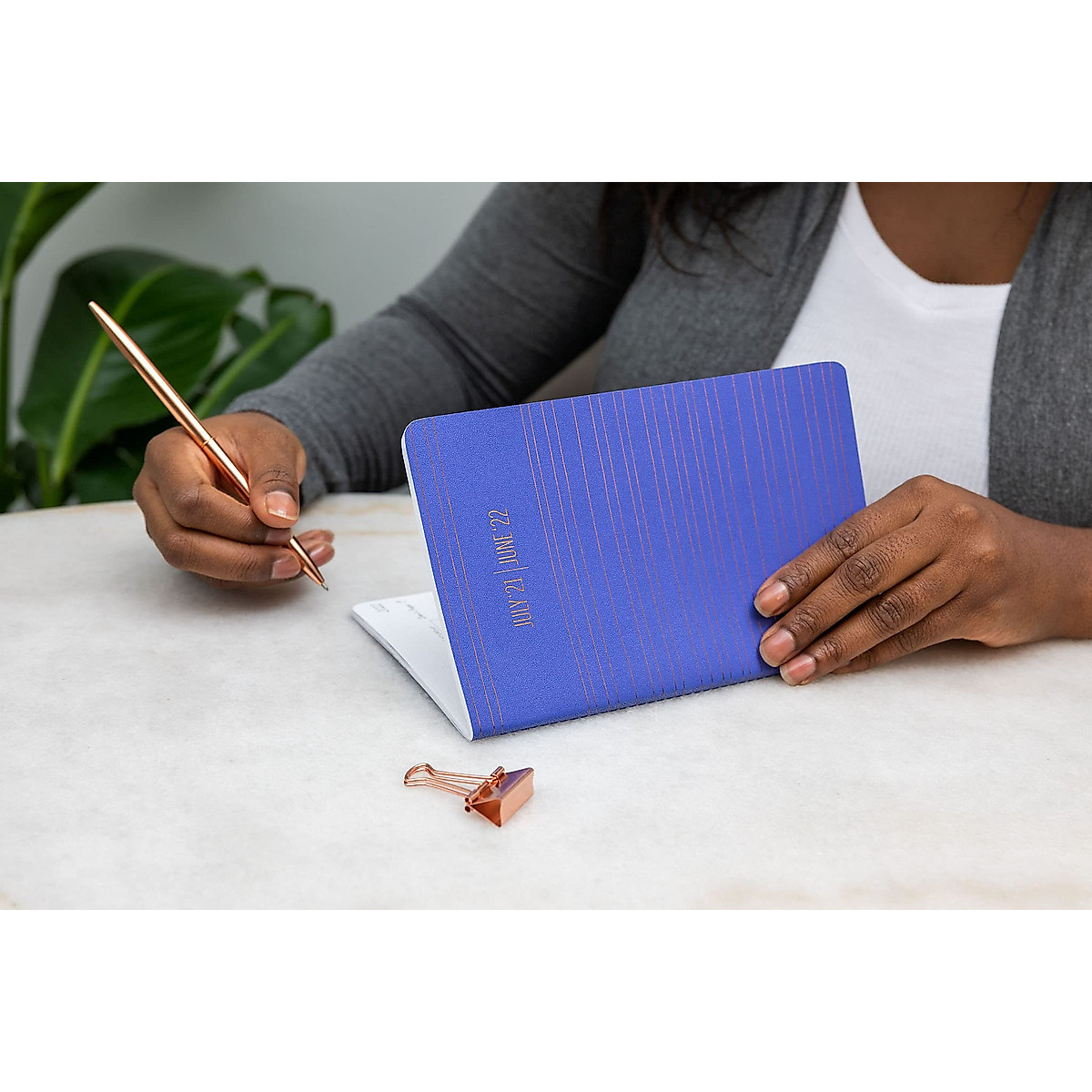 Southworth Academic Planner (July 2021-June 2022), 5" x 8", Cobalt Metallic Stripe, 28 lb./105 gsm Paper, Medium Flex (92121)