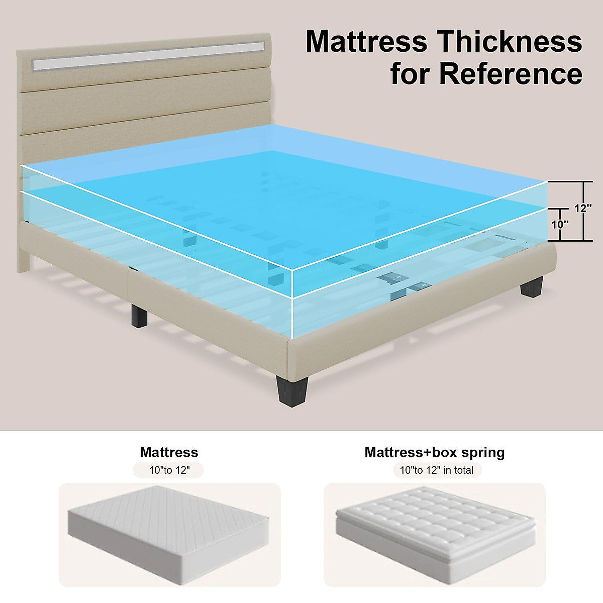 Kallabe King Size Bed Frame with LED Lights, Upholstered Bed Frame with Charging Station and Linen Fabric Tufted Headboard, Wood Slats Support, Noise-Free, Easy Assembly, No Box Spring Needed, Beige