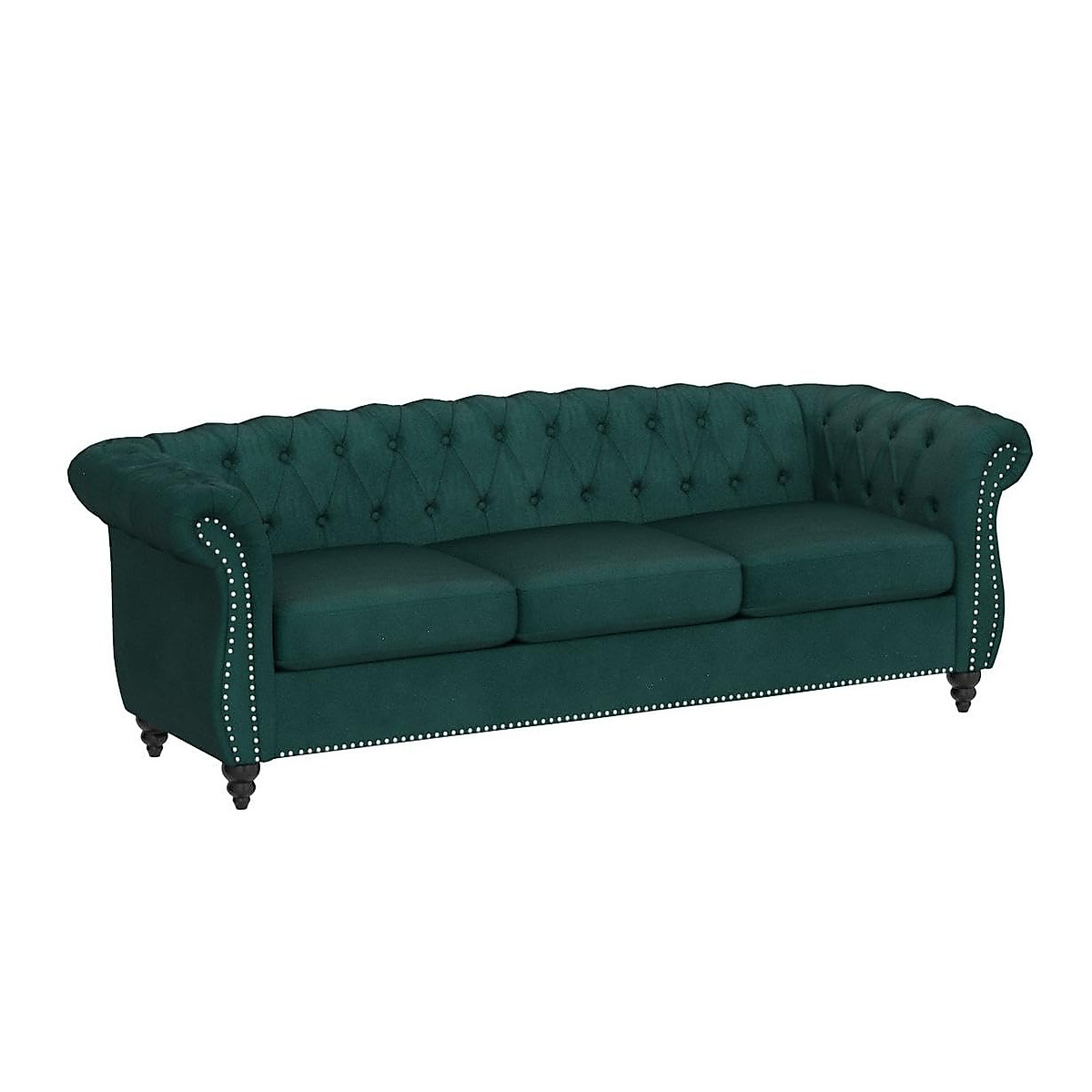 NOSGA Modern Chesterfield Fabric 3 Seater Couch Furniture, Deep Button Tufted Chesterfield Velvet Sofa with Scroll Arms, Upholstery Nailhead Trim Sofa Couches for Living Room(Green)