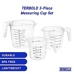 Terbold 3pc Measuring Cup Set in Clear Plastic with Long Handles - 1 Cup, 2 Cup, 1 Quart Sizes