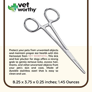 Vet Worthy Pet Hemostat - Stainless Steel Straight Hemostat to Remove Excess Hair, Burrs, Thorns - Professional Pet Grooming Tool for Cats and Dogs