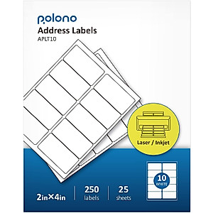 2" x 4" Shipping Address Labels Compatible with Avery 5163, 8163, POLONO Internet Mailing Shipping Labels, White Sticker Labels for Laser/Ink Jet Printers, Permanent Adhesive (250 Labels, 25 Sheets)