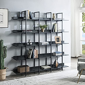 AWQM Triple Wide 5-Tier Bookshelf, Vintage Bookcases and Bookshelves with Metal Frame & Back Fence,Wall Mounted Wood Shelves Open Display Shelves for Living Room Bedroom Home Office,Black