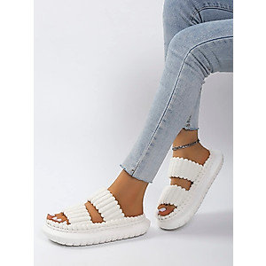 OYOANGLE Women's Solid Minimalist Stripe Fuzzy Bedroom Slippers Fashion Warm Furry Open Toe House Slipper White CN42-43