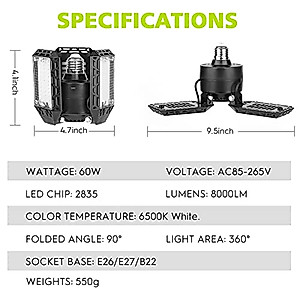 4 Pack Led Garage Lights, 60W Deformable Garage Ceiling Light 8000lm E26 Basement Lights with 3 Adjustable Led Panels 270° – Fits for Garage, Warehouse, Barn, Workshop and Yard (No Motion Activated)