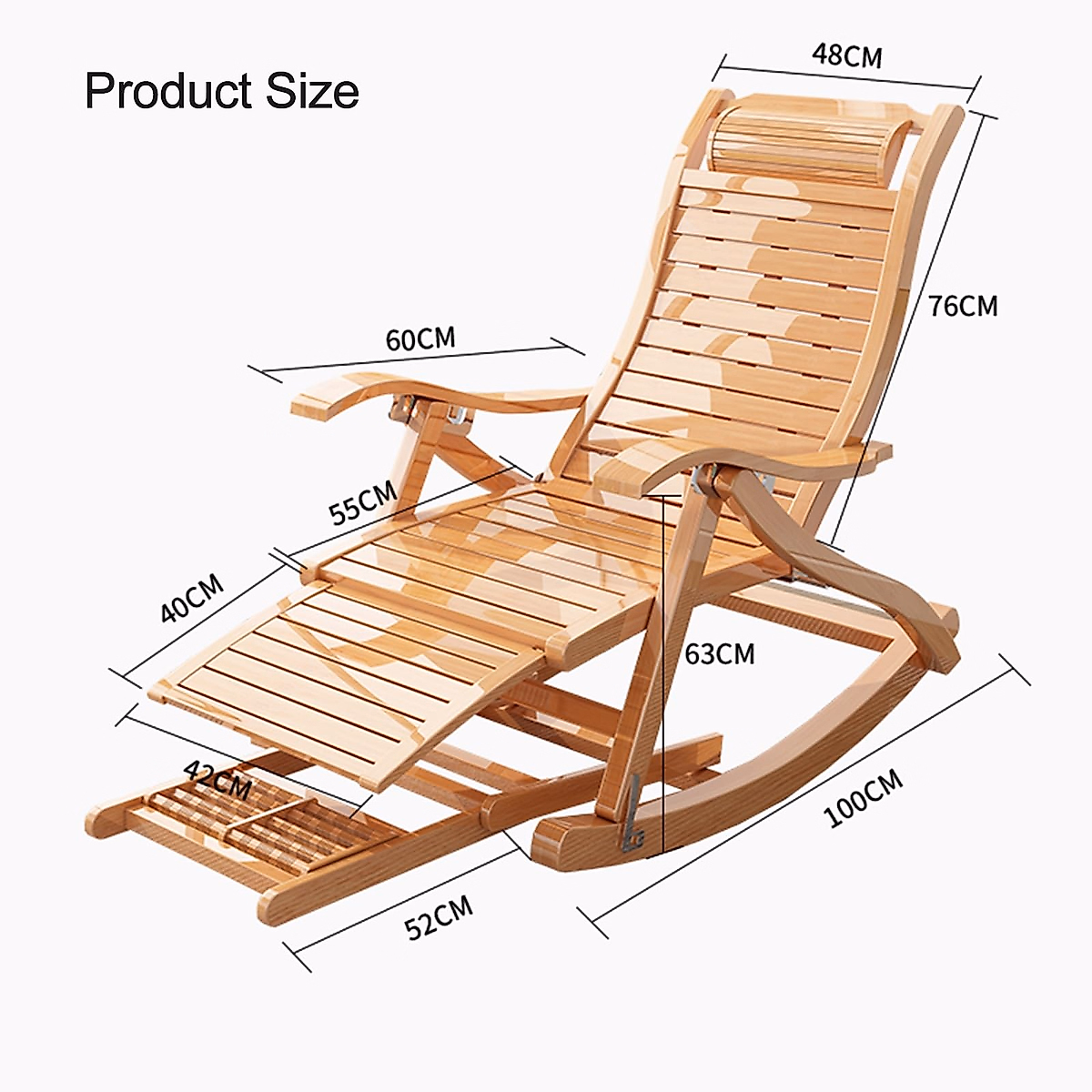 Oversized Rocking Chair,Adjustable Rocking Chair,Outdoor Patio Rocking Chair with Headrest Pillow and Foot Massage Board,Load-Bearing 180KG Comfort Bamboo Loungers Deck Chair Patio Pool Garden Chair (