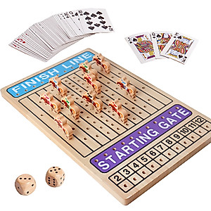BESTAMTOY Horse Racing Game Wooden Challenge Toy Poker Board Game with 11 Durable Horses Dice and Cards for Kids Family Game Brain Teaser Gambling Game