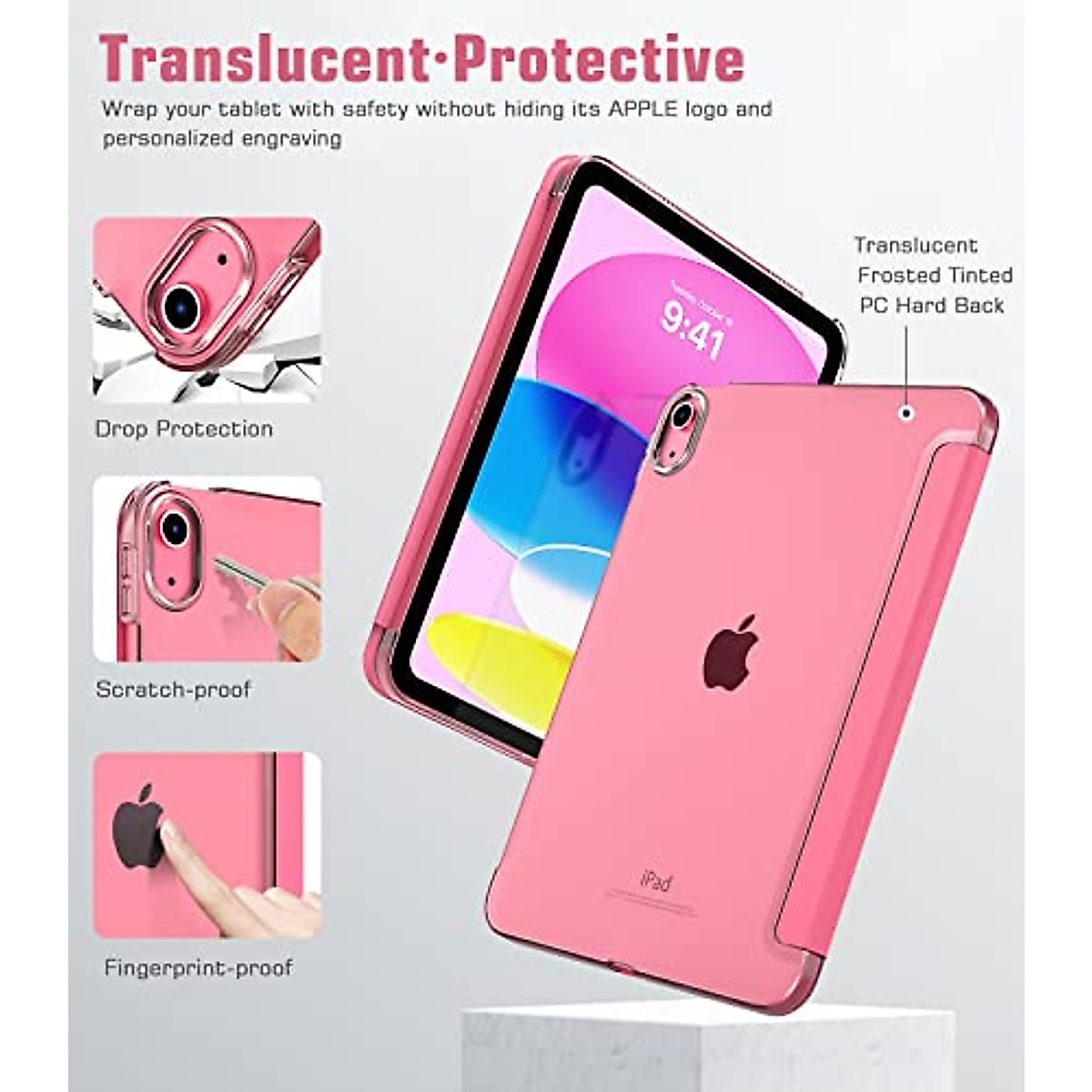 TiMOVO Case for iPad 10th Generation Case 2022,Slim Stand Cover for iPad 10th Gen 10.9 inch,Support Touch ID,Auto Wake/Sleep Smart Shell with Translucent Back, fit iPad 10 Case, Watermelon Red