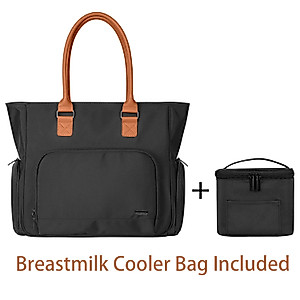 LUXJA Breast Pump Bag with Breastmilk Cooler Bag (Hold Four 5 Ounce Breastmilk Bottles), Leather Handle Breast Pump Tote for Working Mothers (With a Laptop Pocket), Black