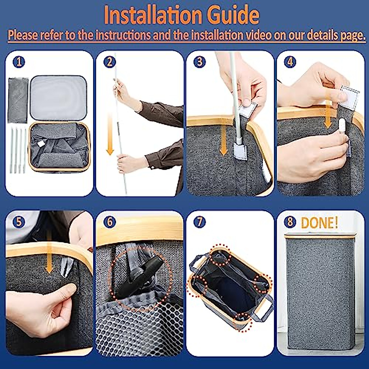 Edergoo Laundry Basket with Lid 100L, Laundry Hamper with Premium Bamboo Handle, Dirty Clothes Hampers for Laundry, 27.6" Tall Bathroom Laundry Basket Freestanding with Removable Bag, Grey