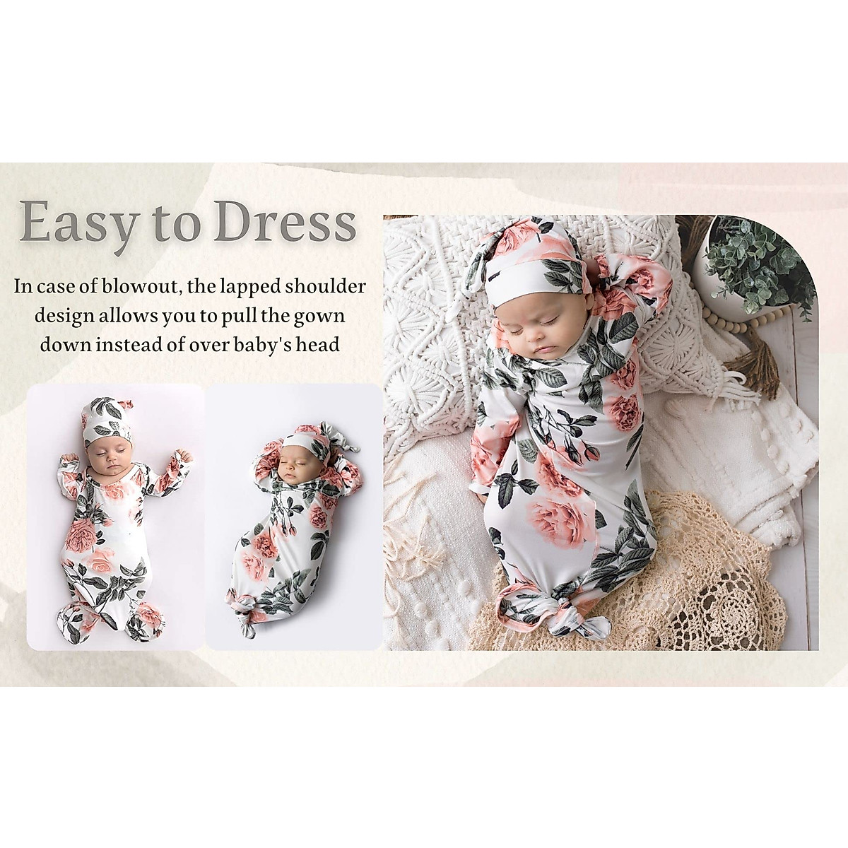 Giggle Angel Newborn Baby Sleeper Gown Infant Knotted Gown Baby Girl Long Sleeve Gowns Coming Home Outfits Hat Set 0-3 Months (Inkgreen)