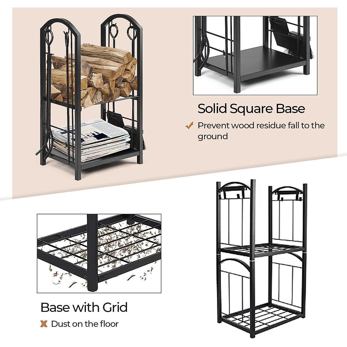 Tangkula Firewood Rack with 4 Fireplace Tools, Firewood Rack Bin Log Holder with Fire place Assecories Tools Set Includes Brush, Shovel, Poker, and Tongs(17.5 x 12 x 29.5 inches)