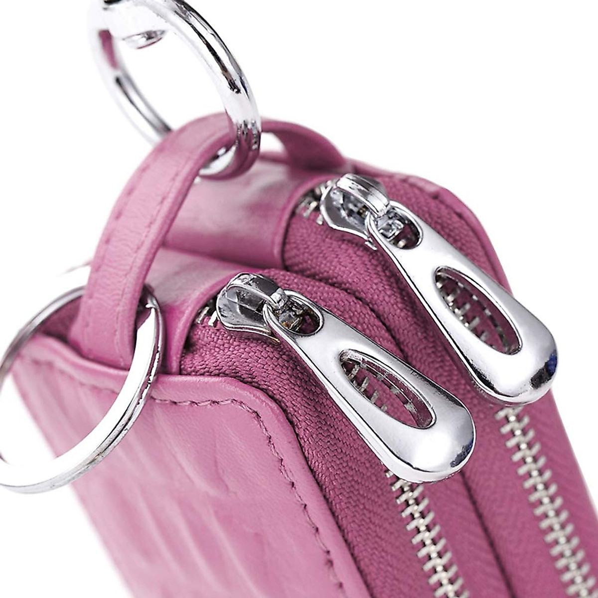 BAKUN Two-Sides Mini Genuine Leather Car Key Chain Holder Wallet Case, Key Holder Key Organizer Wallet(Light Pink)